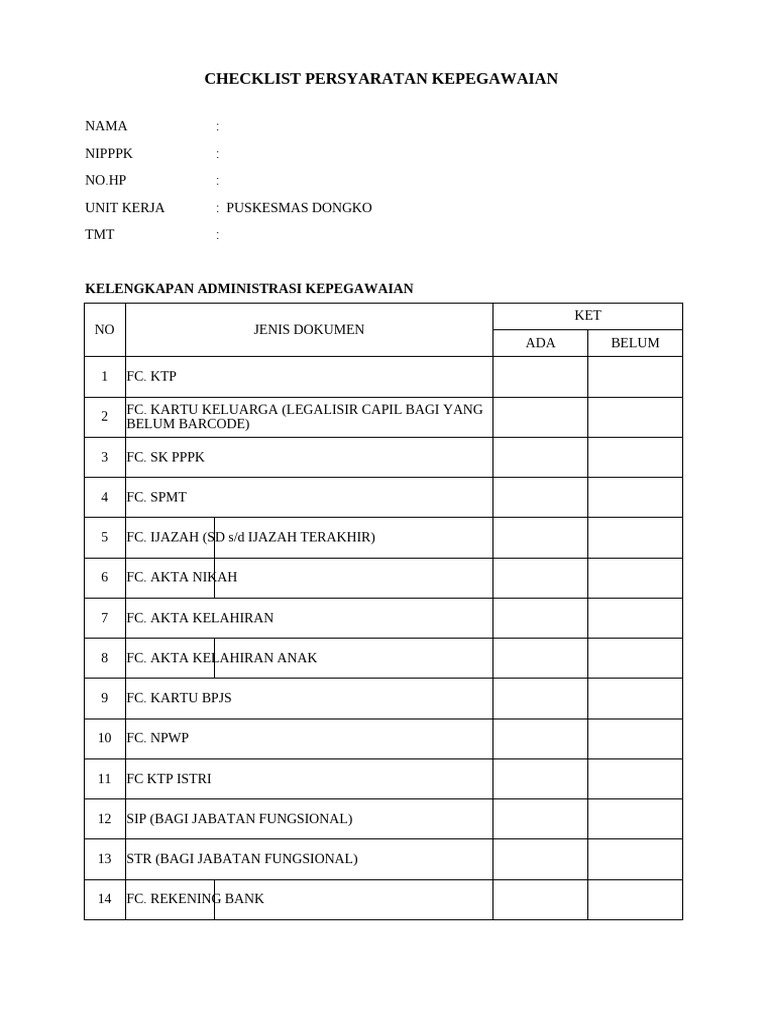 Checklist Persyaratan Kepegawaian Puskesmas | PDF