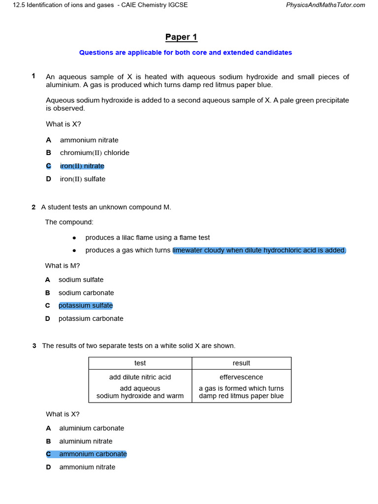 12.5 Identification of Ions and Gases MCQ QP | PDF | Precipitation ...