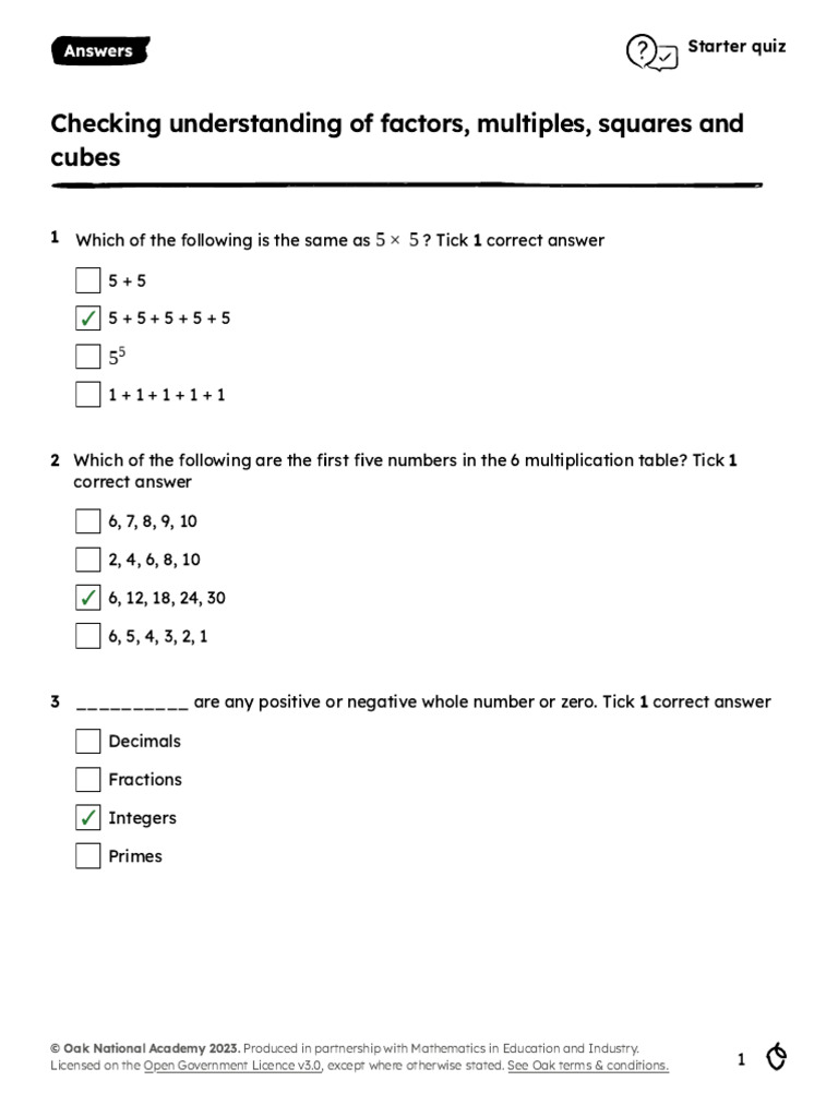 Factors and Multiples Starter Quiz | PDF