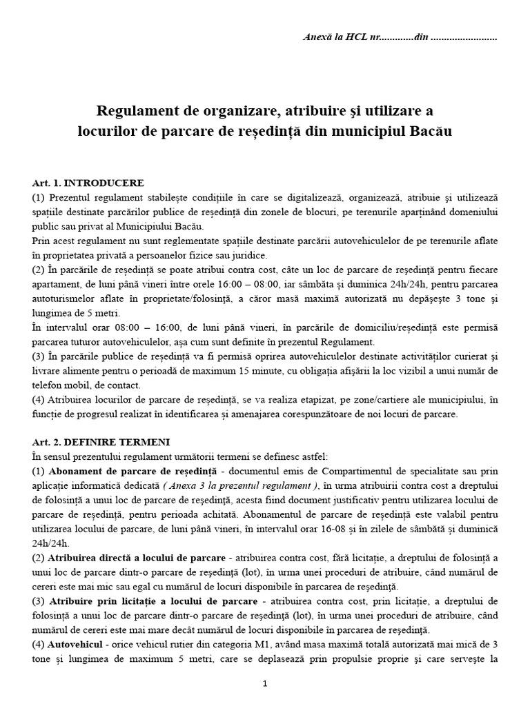 Regulament Parcari de Resedinta Bacau Proiect Varianta Finala | PDF