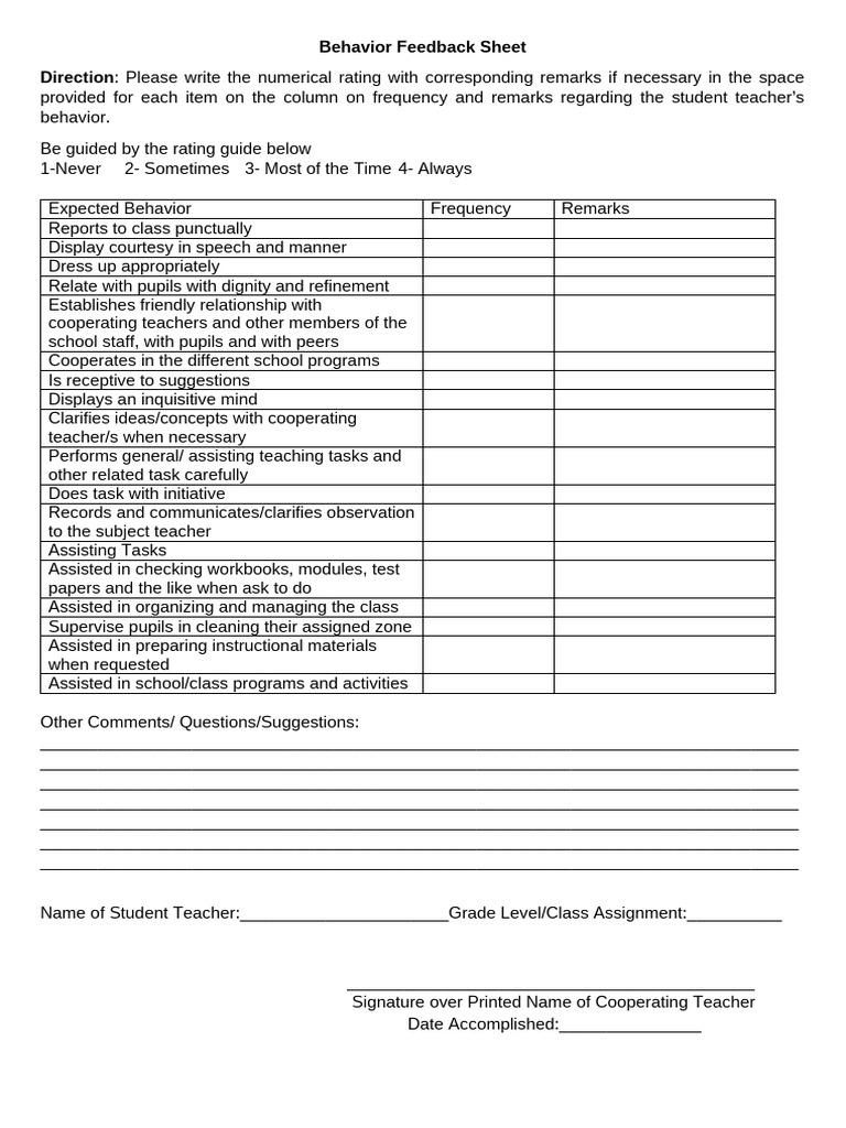 Behavior Feedback Sheet | PDF | Teachers | Behavior Modification