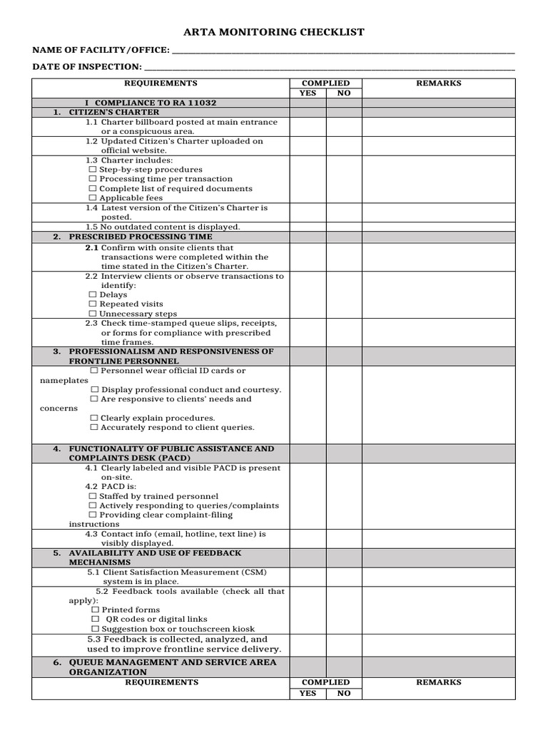 ARTA Compliance Monitoring Checklist | PDF