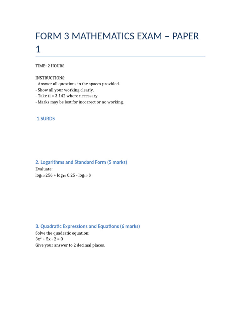 Form 3 Mathematics Exam Paper | PDF