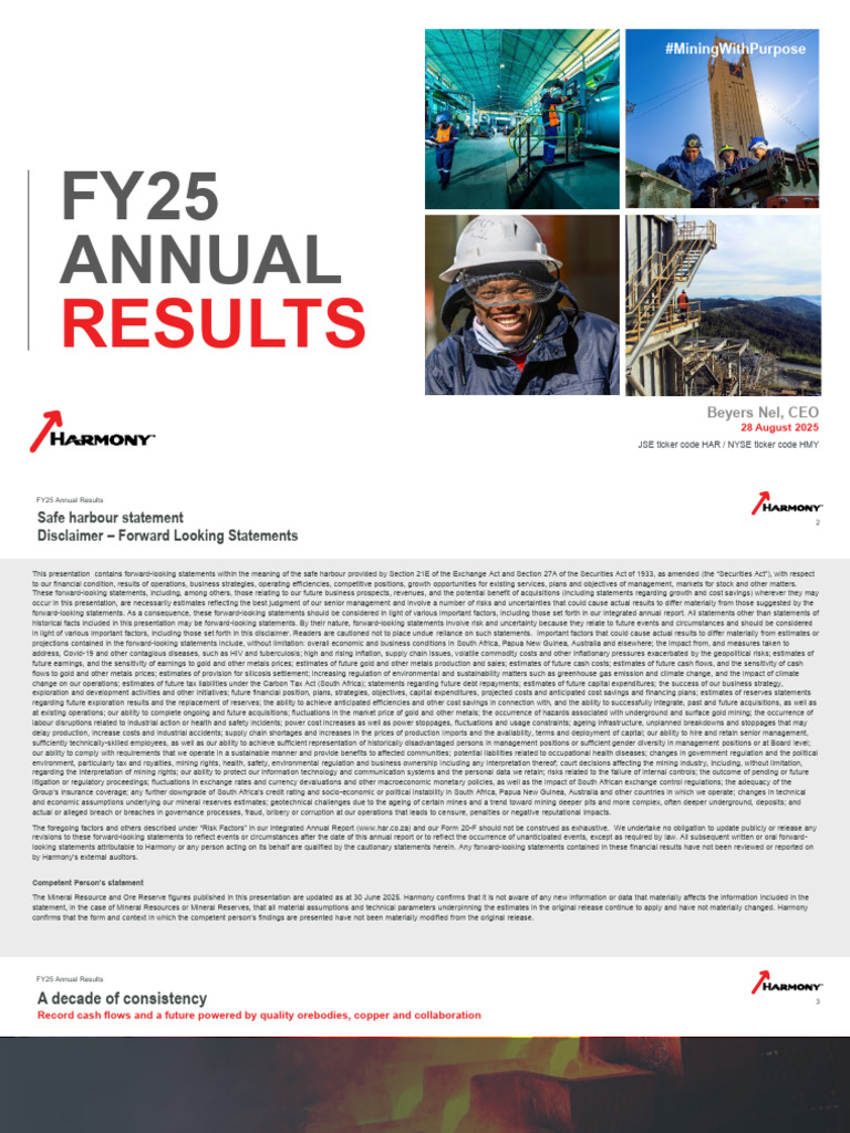 FY25 Annual Results: Harmony Mining Insights | PDF | Mining | Risk