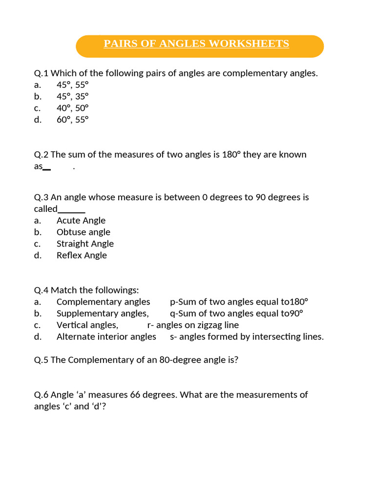 Grade 7 Pairs of Angles Worksheet | PDF