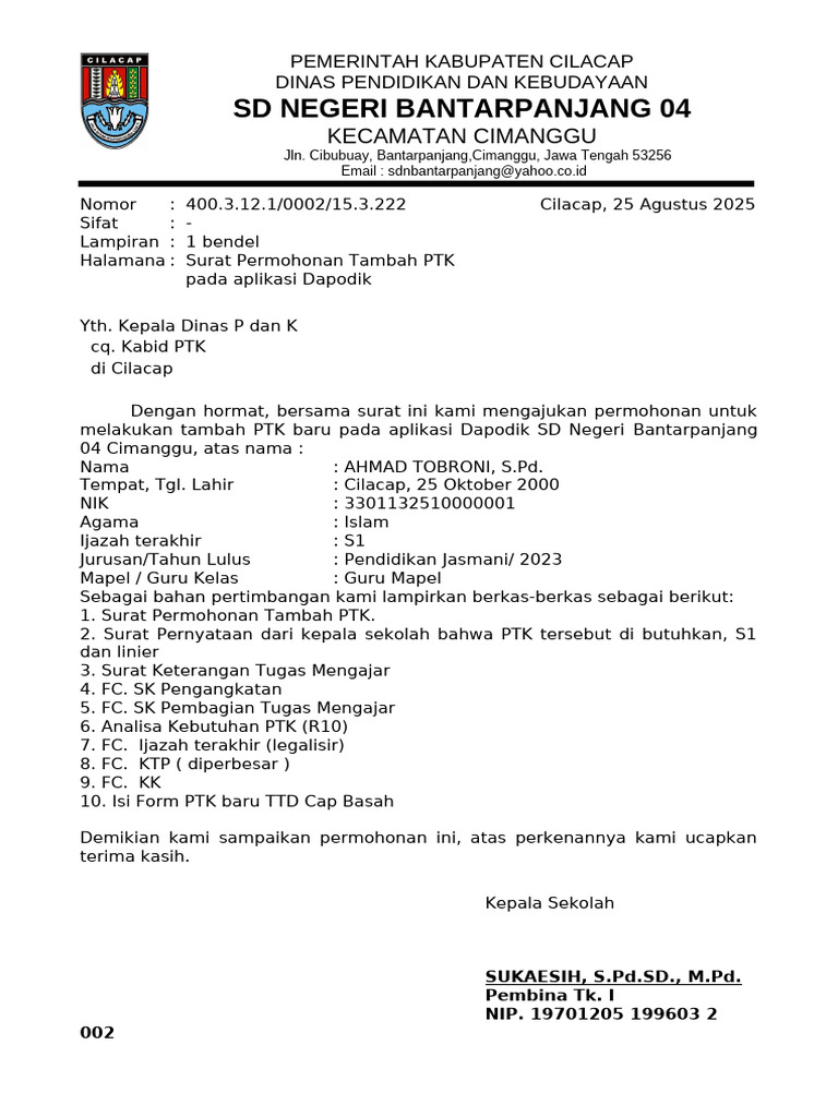 Surat Permohonan Tambah PTK - BTP 02 | PDF