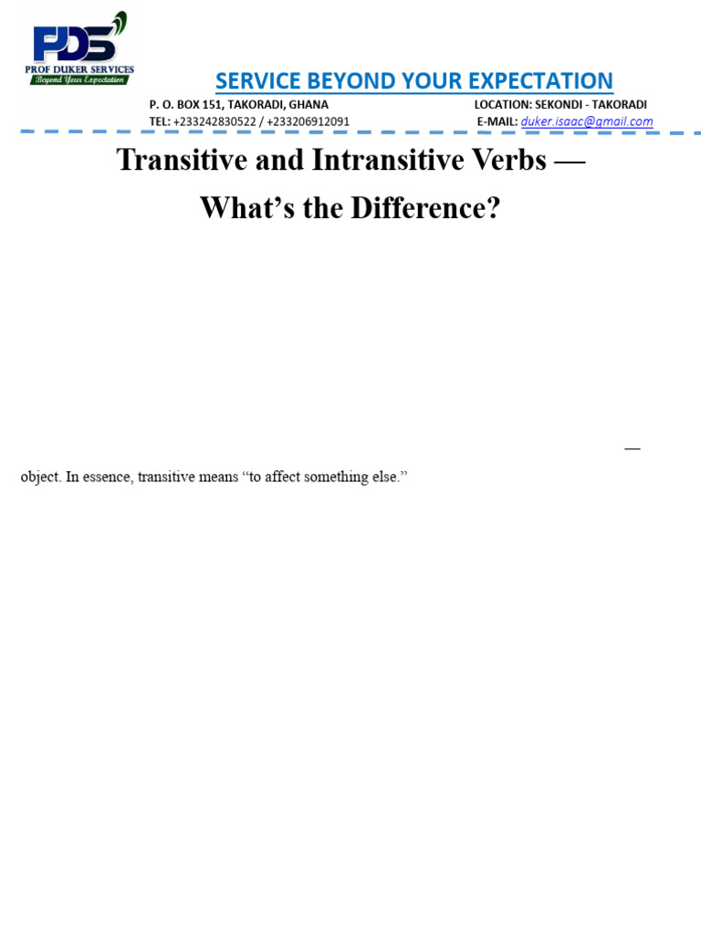 Transitive vs Intransitive Verbs Explained | PDF | Verb | Object (Grammar)