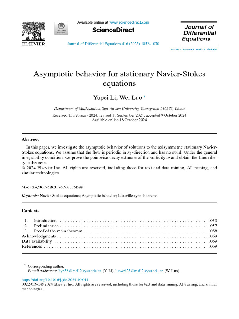 Asymptotic Behavior For Stationary Navier-Stokes Equations | PDF ...