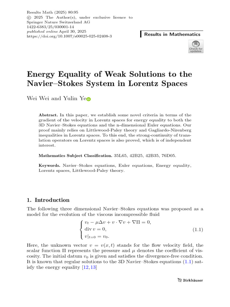 Energy Equality in Lorentz Spaces | PDF | Navier–Stokes Equations ...