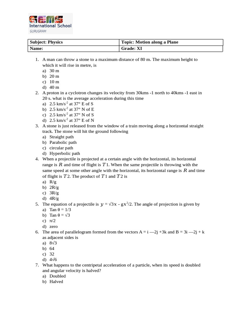 Motion in A Plane Worksheet 1 | PDF