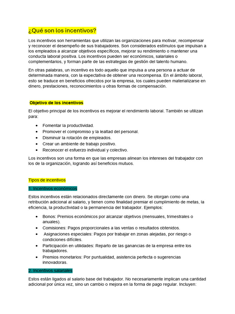 Definición y tipos de incentivos laborales | PDF | Salario | Beneficio ...