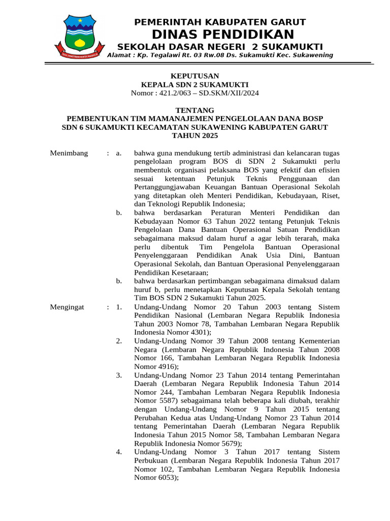 Tim Pengelola Dana BOSP SDN 2 Sukamukti | PDF