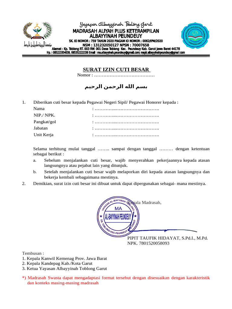 Surat Izin Cuti Besar PNS dan Honorer | PDF