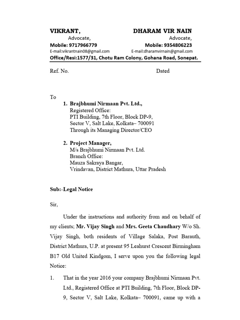 Legal Notice for Delayed Plot Possession | PDF | Cheque | Justice