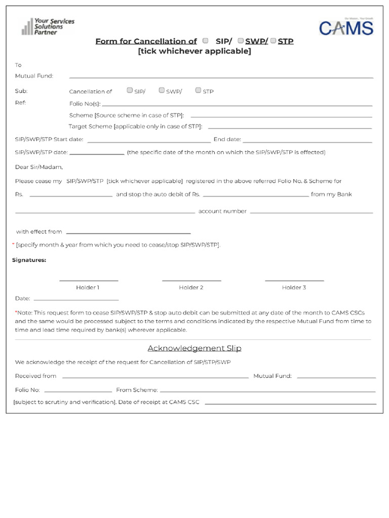 Form For Cancellation of SIP - SWP - STP | PDF