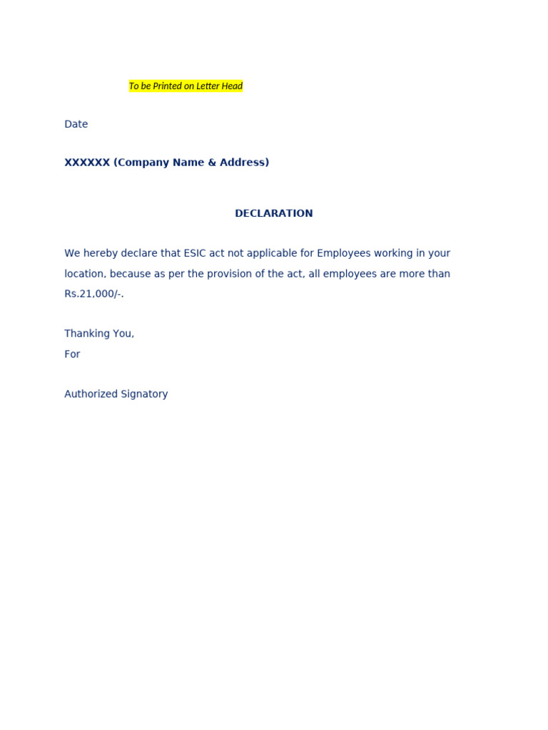 ESIC Non-Applicability Declaration Letter | PDF