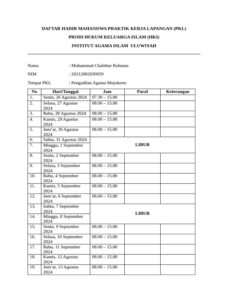 Daftar Hadir PKL Habib | PDF