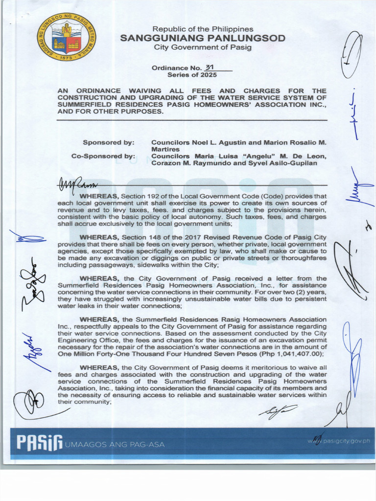 ORDINANCE NO. 31, SERIES of 2025- An Ordinance Waiving All Fees and ...