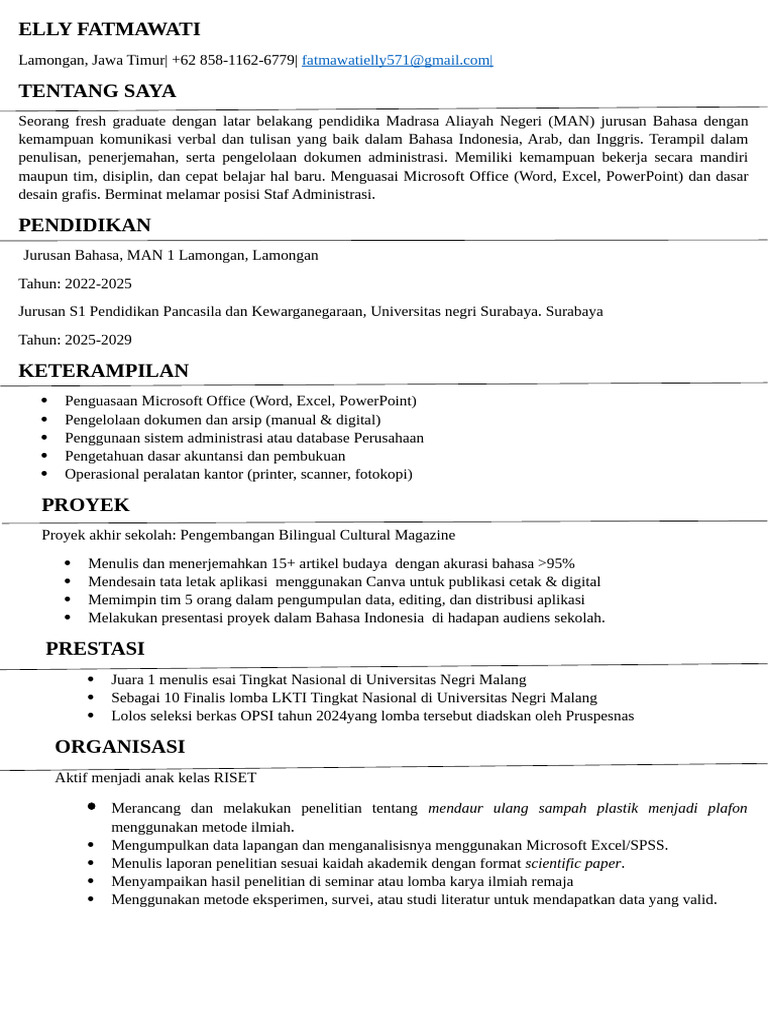 CV Ats Freandly Elly Fatmawati | PDF