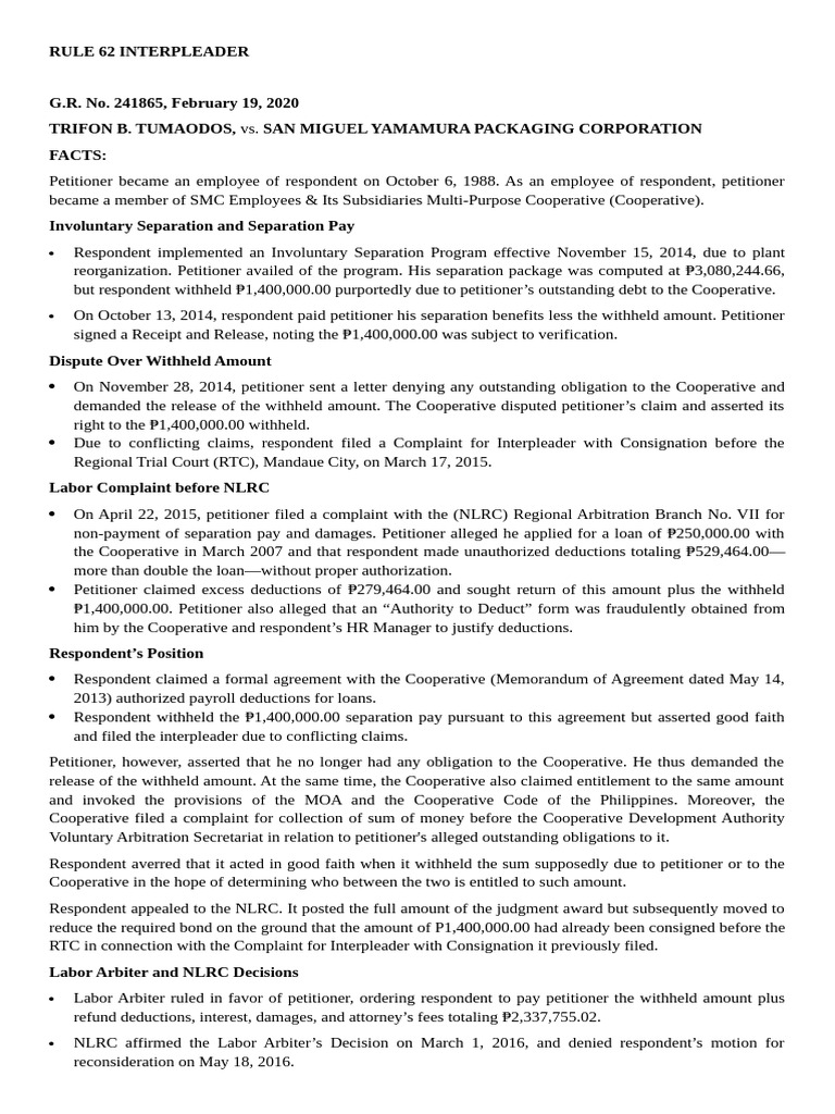 Interpleader Case: Tumaodos vs. San Miguel | PDF | Lawsuit | Judiciaries