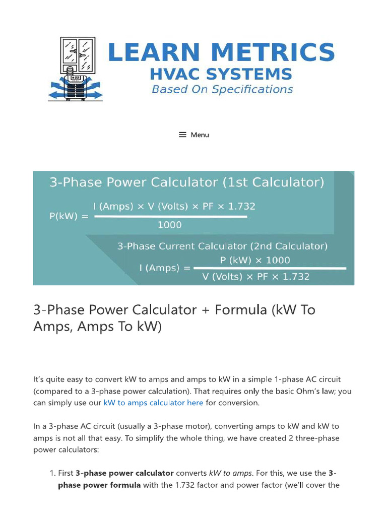 3-Phase Power Calculator + Formula (KW To Amps, Amps To KW) | PDF