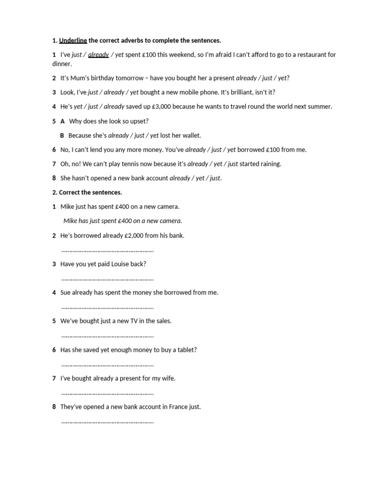 Present Perfect: Just, Already, Yet Exercises | PDF