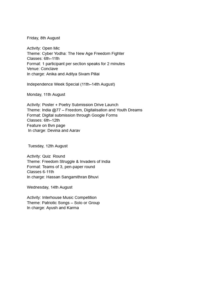 Independence Week Activities Schedule | PDF