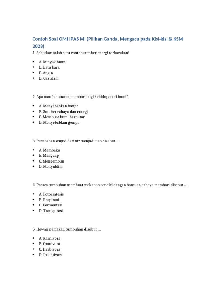 Contoh 25 Soal OMI IPAS MI PG | PDF
