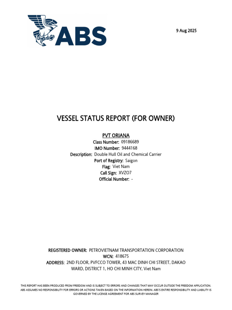 Vessel Status Report-PVT ORIANA | PDF | Oil Tanker | Tonnage