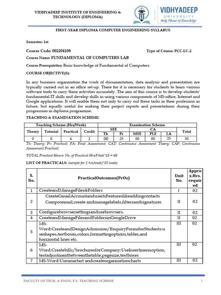 First-Year Computer Engineering Syllabus | PDF | Microsoft Word | Computing
