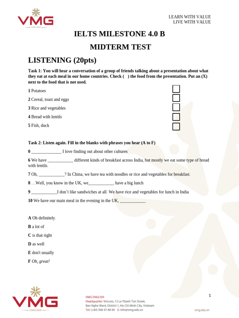 IELTS Milestone 4.0 B Midterm Test | PDF | Lunch | Meal