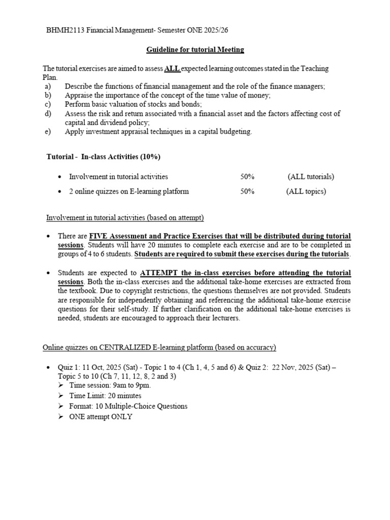 BHMH2113 Financial Management Tutorial Guideline.2526 S1 | PDF ...