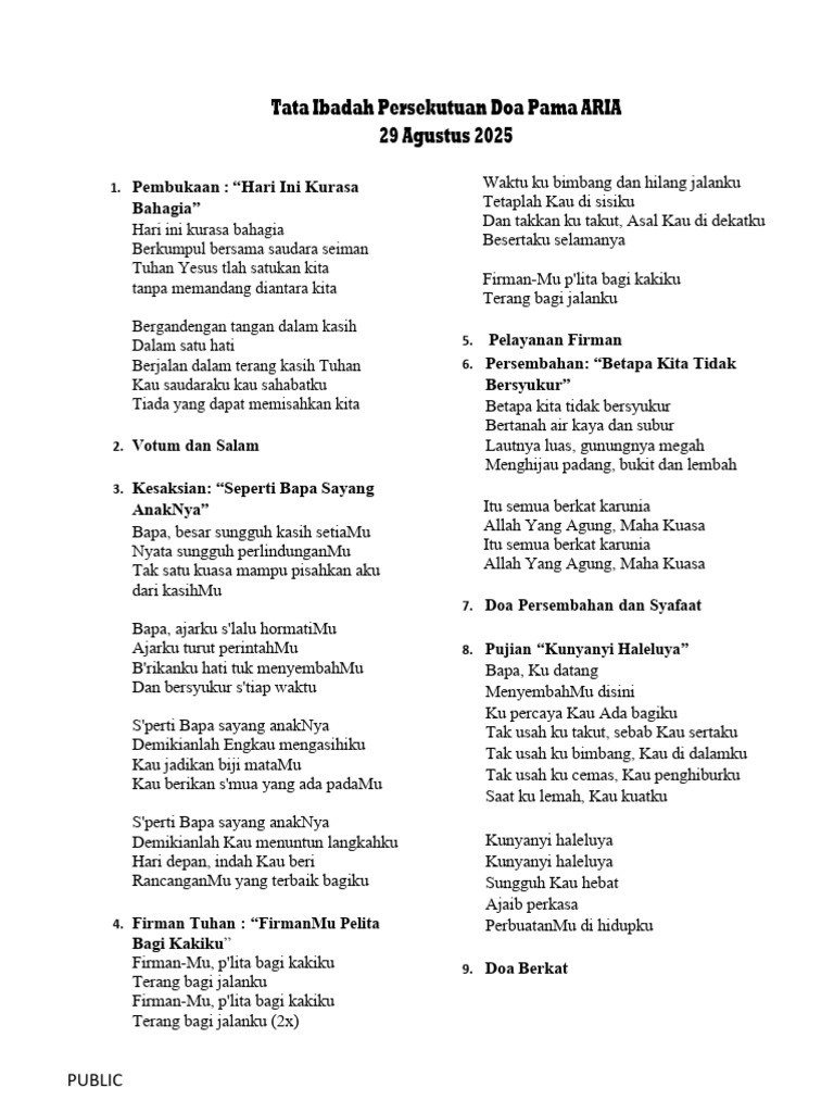 Tata Ibadah Persekutuan Doa Pama ARIA 29 Ags 25 | PDF