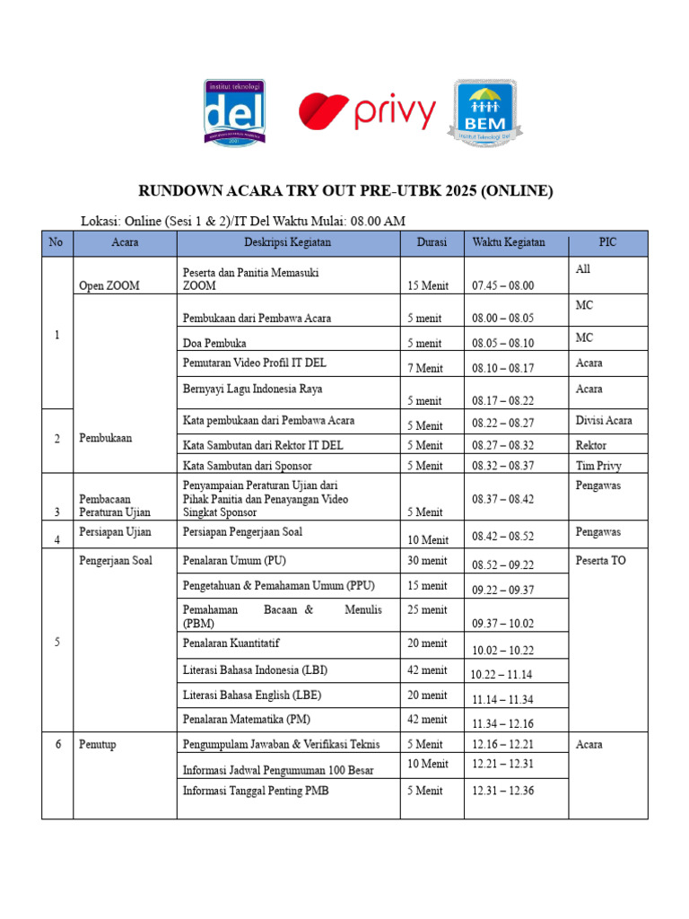 Rundown Try Out Pre-UTBK 2025 Online | PDF