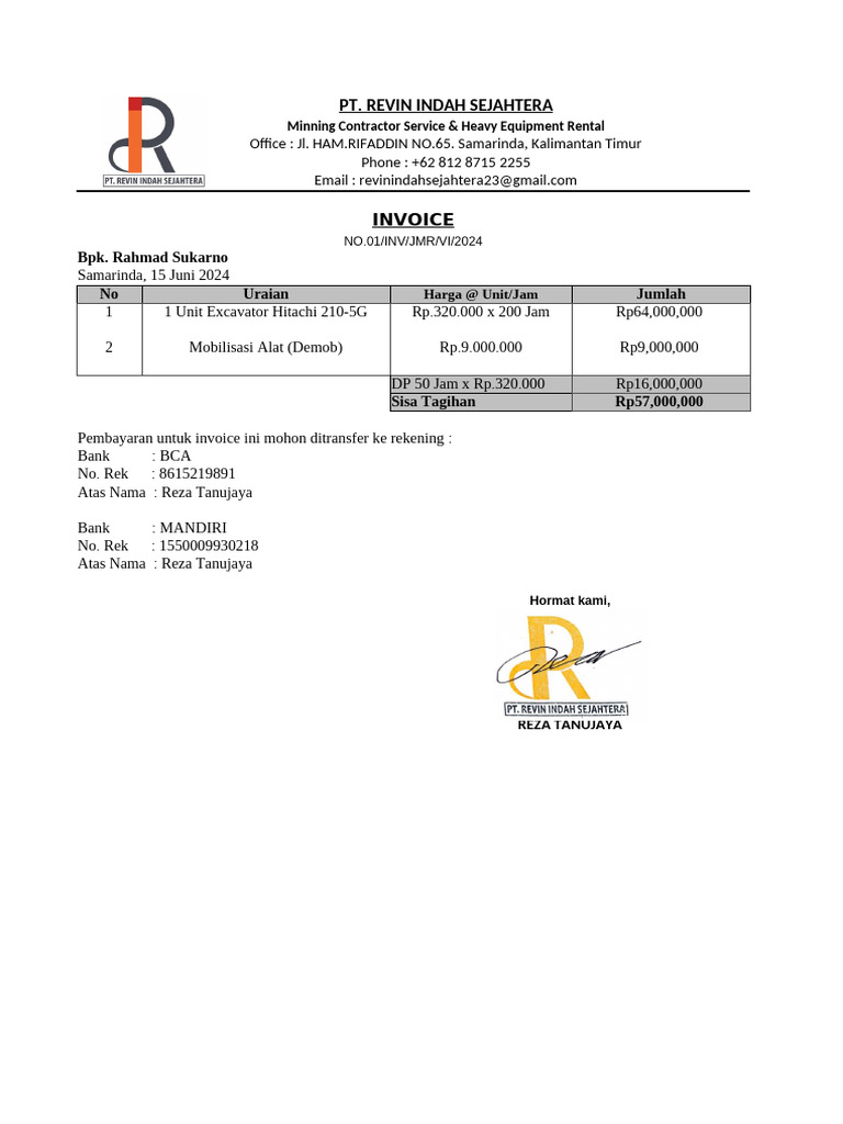 Invoice Sewa Alat Berat Samarinda | PDF