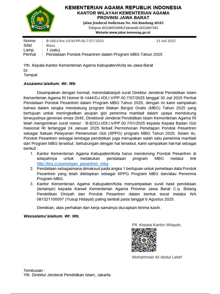 Kanwil - Pendataan Pesantren Dalam Program MBG Tahun 2025 | PDF