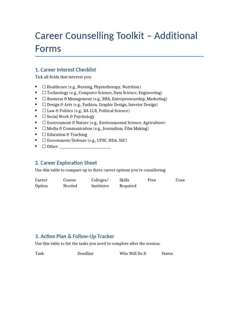 Career Counselling Forms Toolkit | PDF