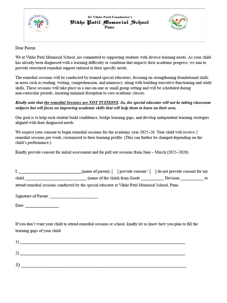 Remedial Support Consent Form for Students | PDF