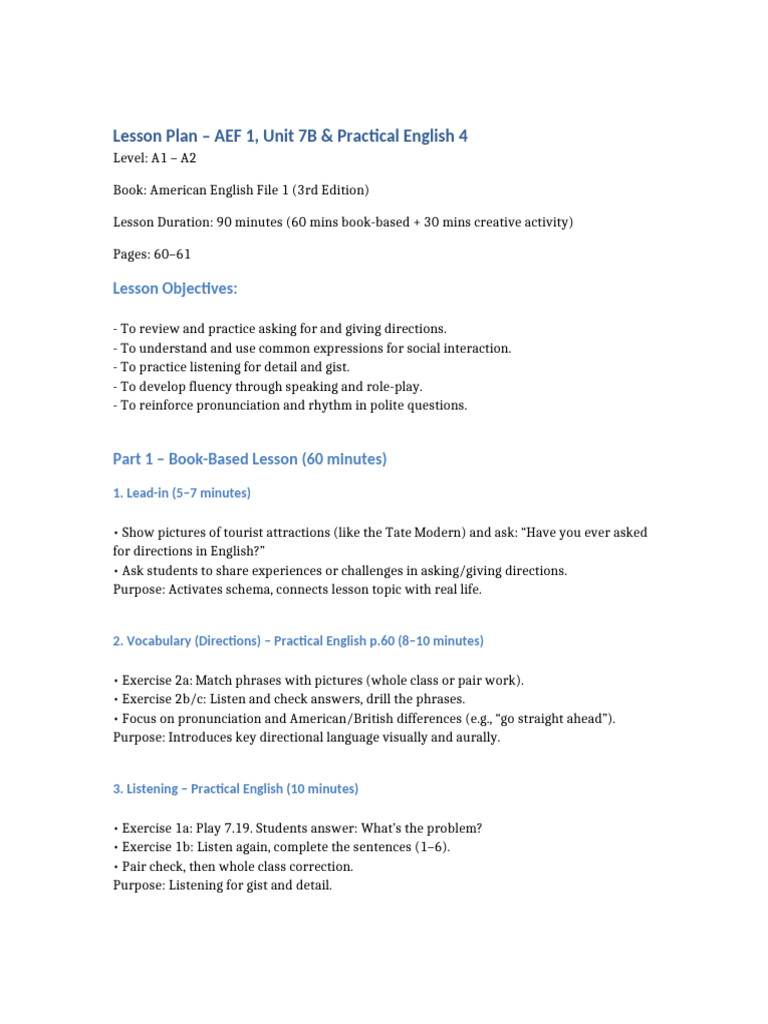Lesson Plan: Asking for Directions A1-A2 | PDF | English Language ...