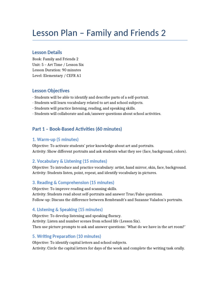 Family and Friends 2 Lesson Plan Art and School | PDF | Reading ...