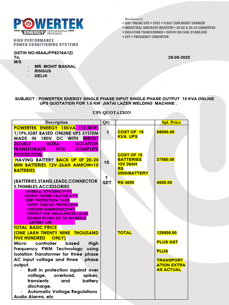 15 KVA UPS Quotation for Welding Machine | PDF | Manufactured Goods ...