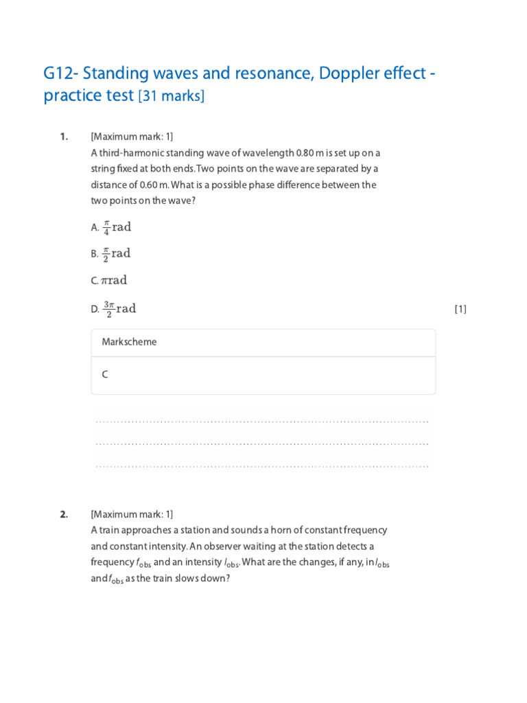 G12 - Standing Waves and Resonance, Doppler Effect - Practice Test ...