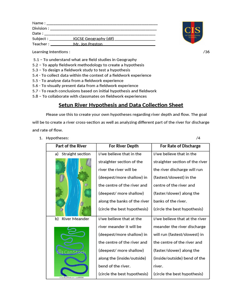 Setun River - Hypothesis Sheet - Diff Year 10 | PDF | Hypothesis | Science