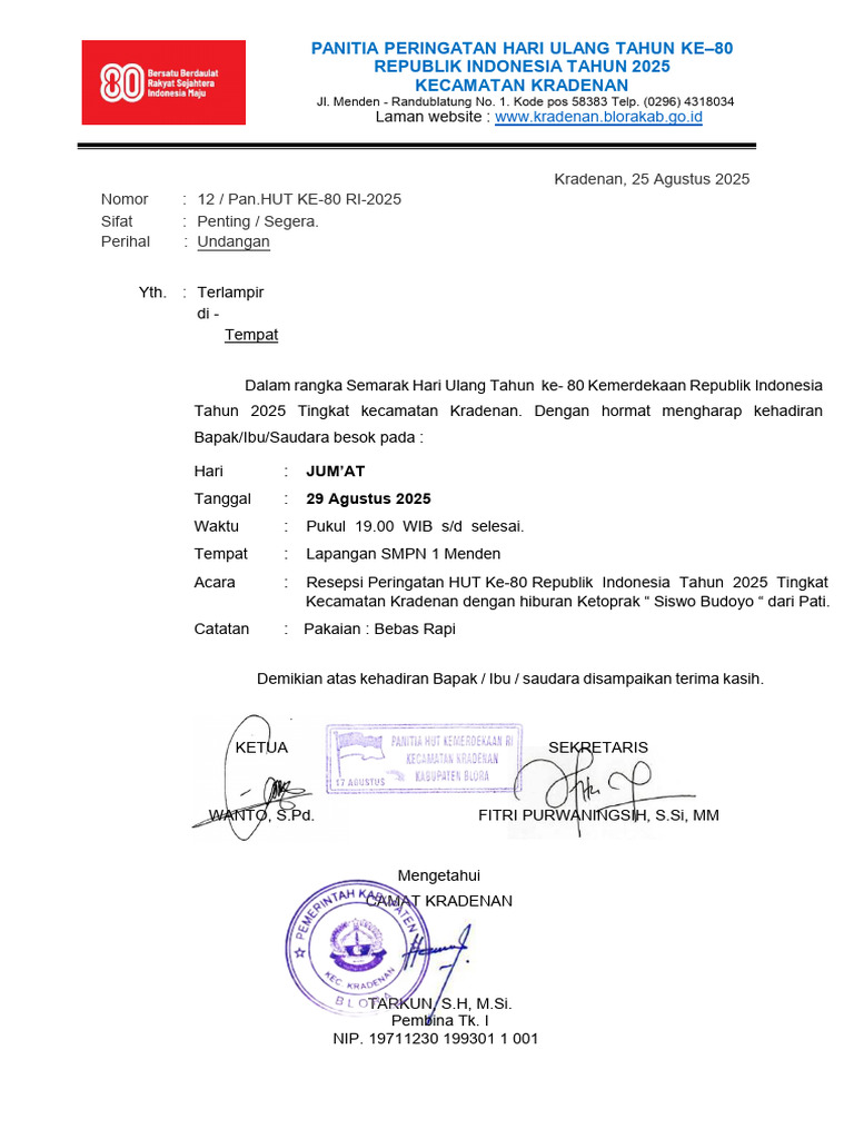 Undangan HUT Ke-80 RI Kecamatan Kradenan | PDF