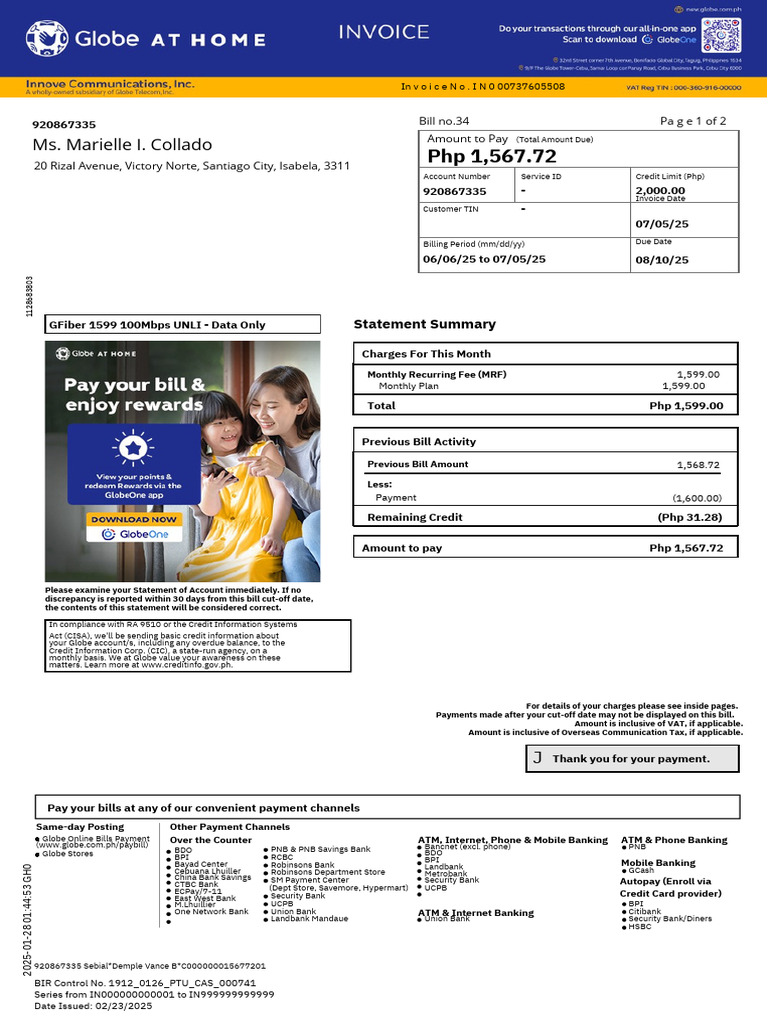 Globe Bill 920867335.pdf 20250814 170742 0000 | PDF | Value Added Tax ...