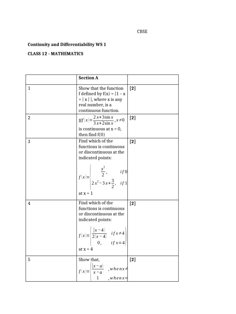 Continuity and Differentiability WS 1 Word (Continuity) | PDF | Function (Mathematics ...