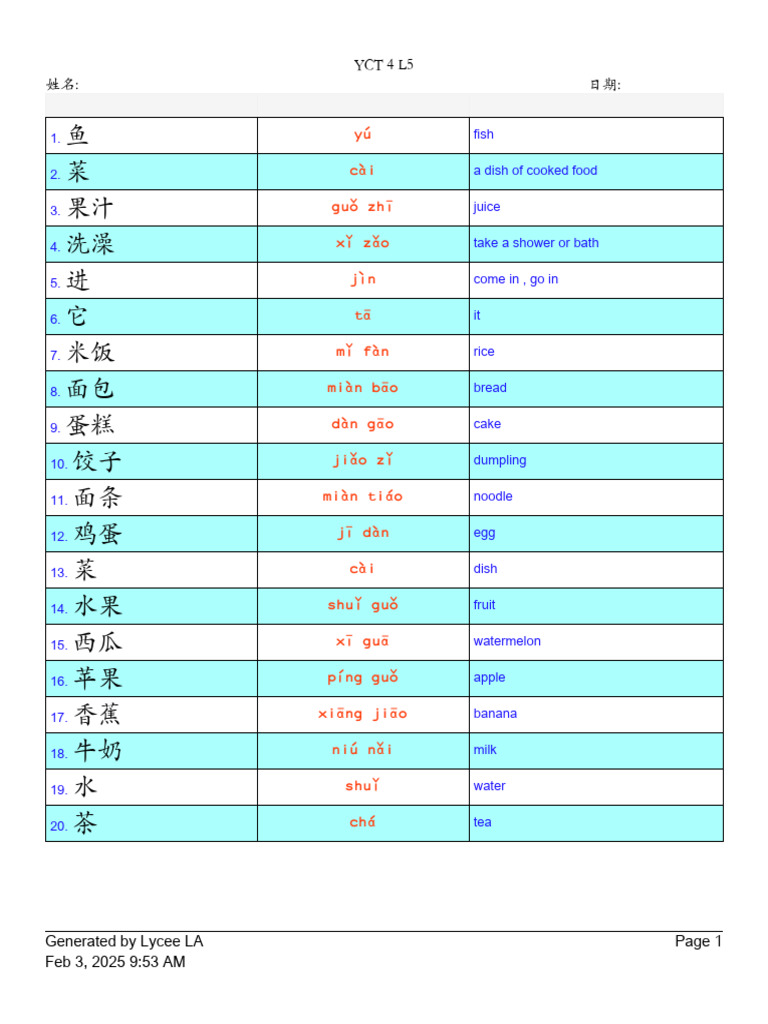 YCT 4 L5 Vocabulary List | PDF