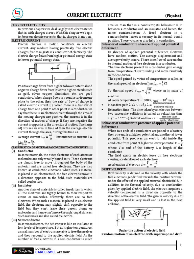 Sheet - 01 - Current Electricity | PDF | Electric Current | Electron
