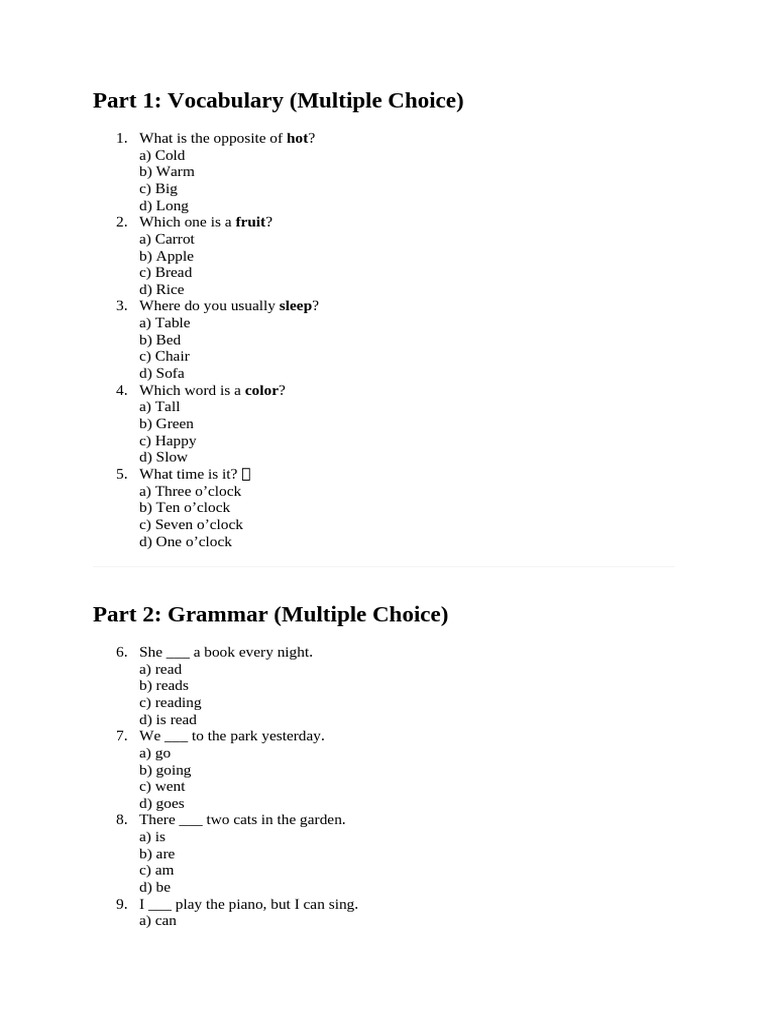 Vocabulary and Grammar Quiz for Kids | PDF