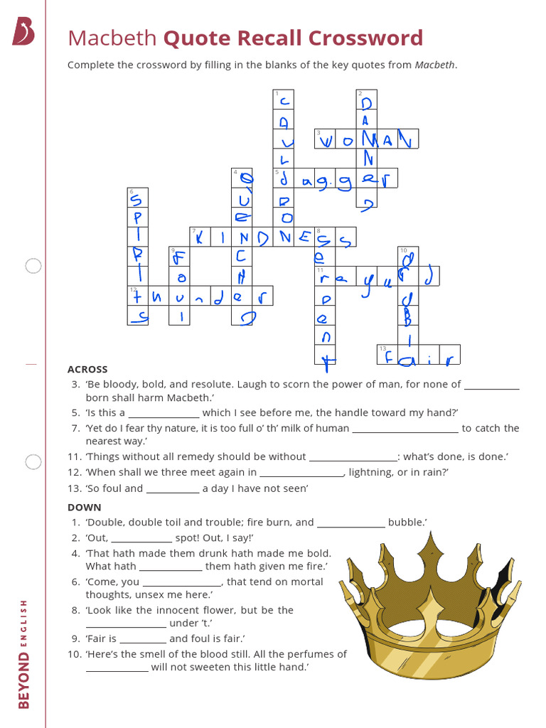 Macbeth Quote Recall Crossword | PDF | Macbeth | Chess